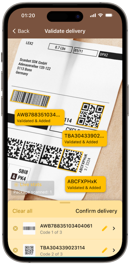 Delivery barcode scanner for 3PL - Scanbot SDK